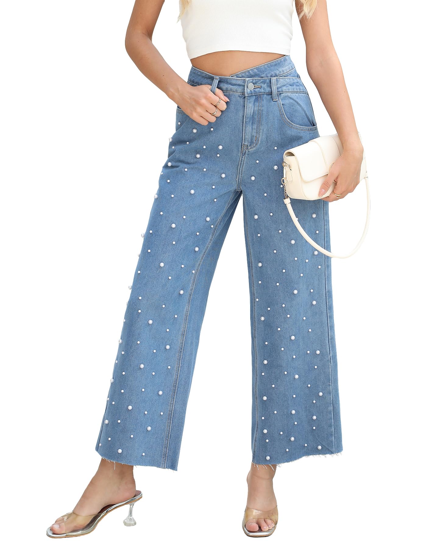 Ladyful Womens Straight Leg Pearl Jeans Baggy High Waisted Jeans Casual Boyfriend Bootcut ...