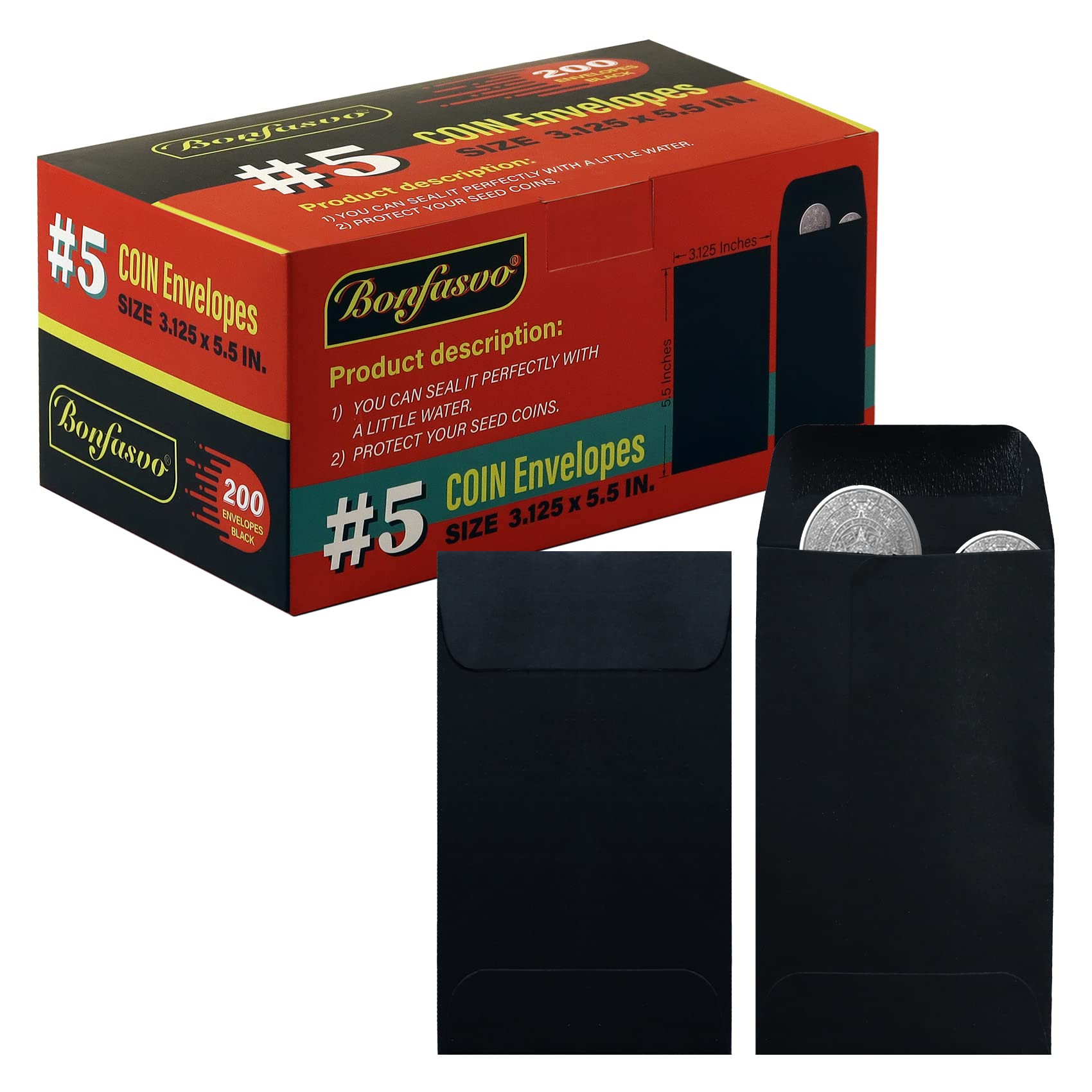 Bonfasvo 200 Pack #5 Black coin envelope 3.125 x 5.5 inches Kraft ...