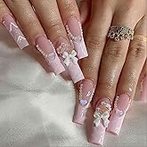 Amazon.com: Foccna Pink Press on Nails Long 3D Flower Fake Nails Square Bling Glossy Rhinestone ...