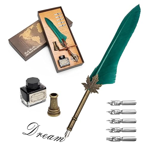 AHIER Quill Pen and Ink Set, Feather Pen Quill Pen Set Includes 5 Steel ...