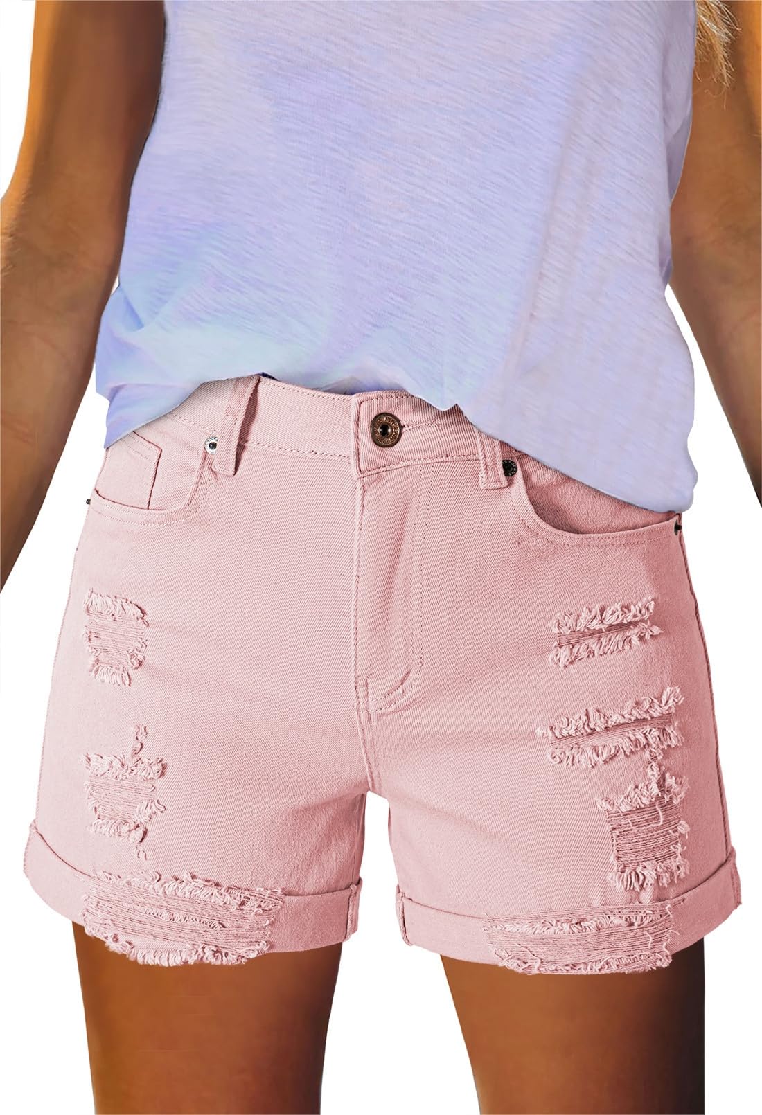 Pink Queen Summer Casual Ripped Denim Shorts for Women High Waist ...