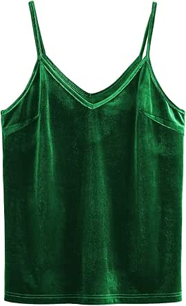 SheIn Women's Casual Basic Strappy Velvet V Neck Cami Tank Top: Amazon ...