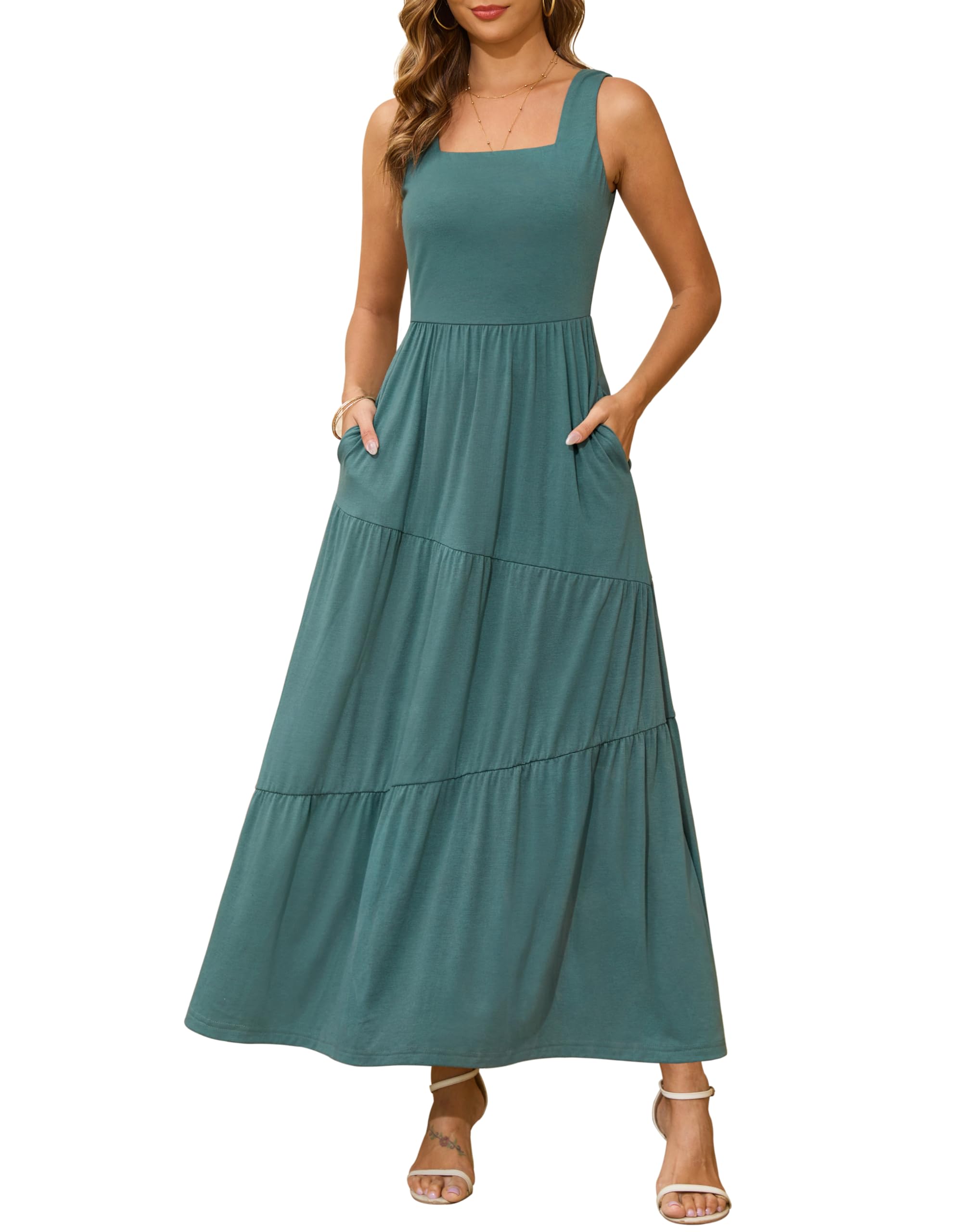 Kranda Summer Dresses for Women Square Neck Tank Top Maxi Dress ...