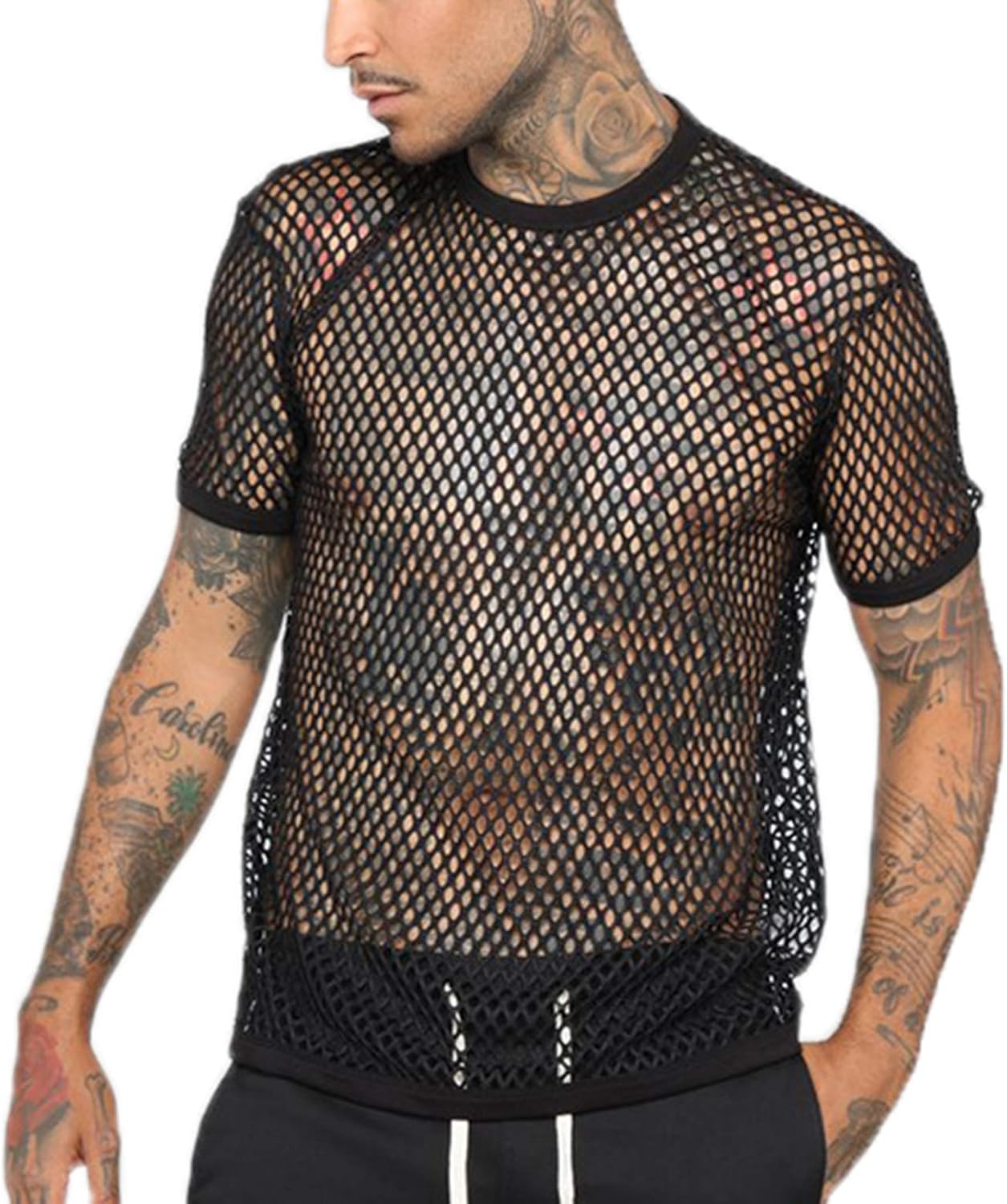 oneforus Men's Mesh See-Through Fishnet T-Shirt - Short Sleeve ...