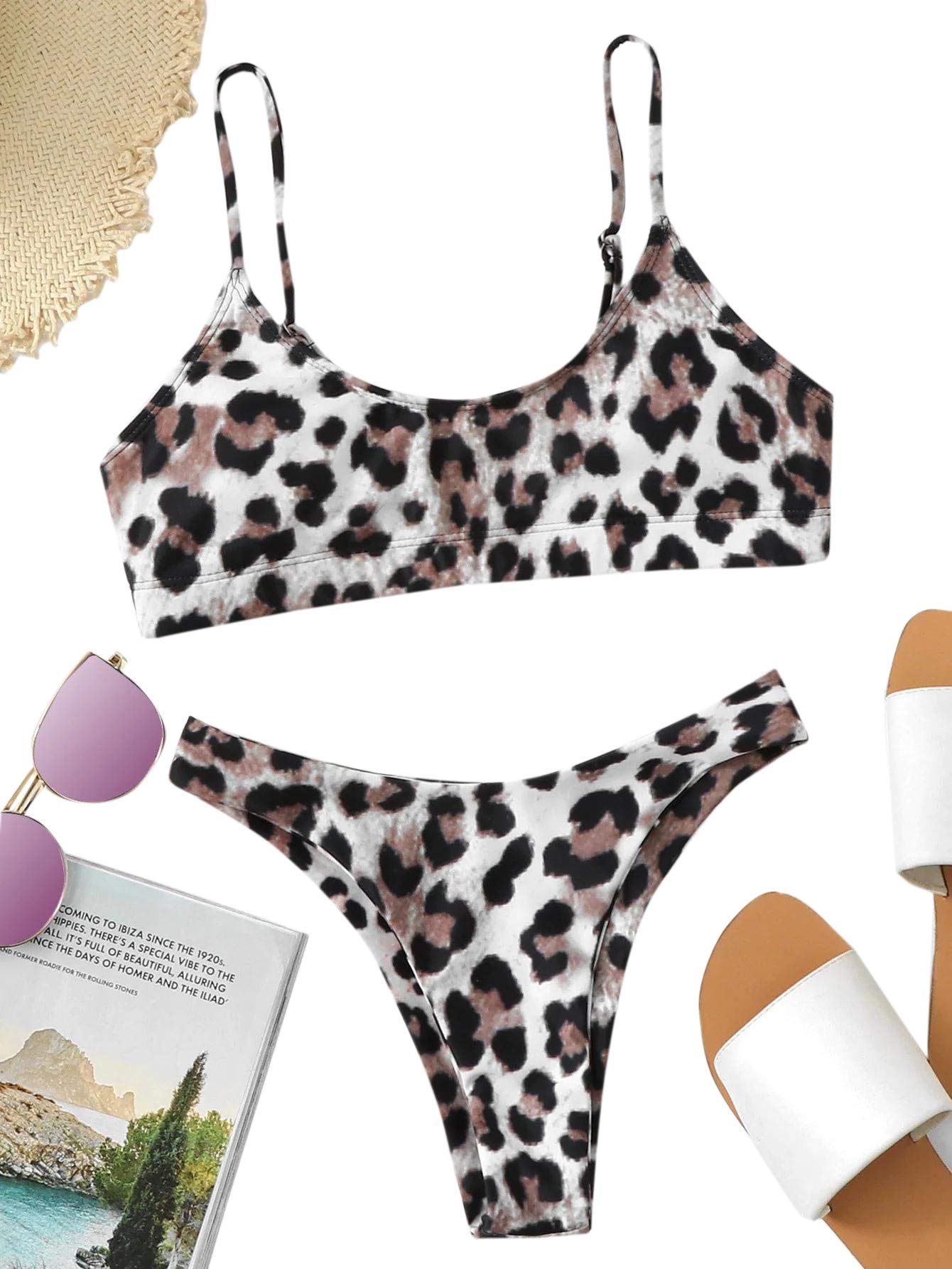 SweatyRocks Women’s Bathing Suits Spaghetti Strap Leopard Print Thong ...