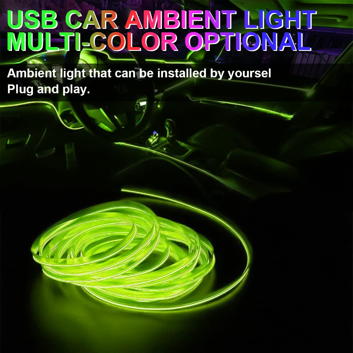 EL Wire Interior Car LED Strip Lights, 16FT USB 5V Neon Light With 6mm ...