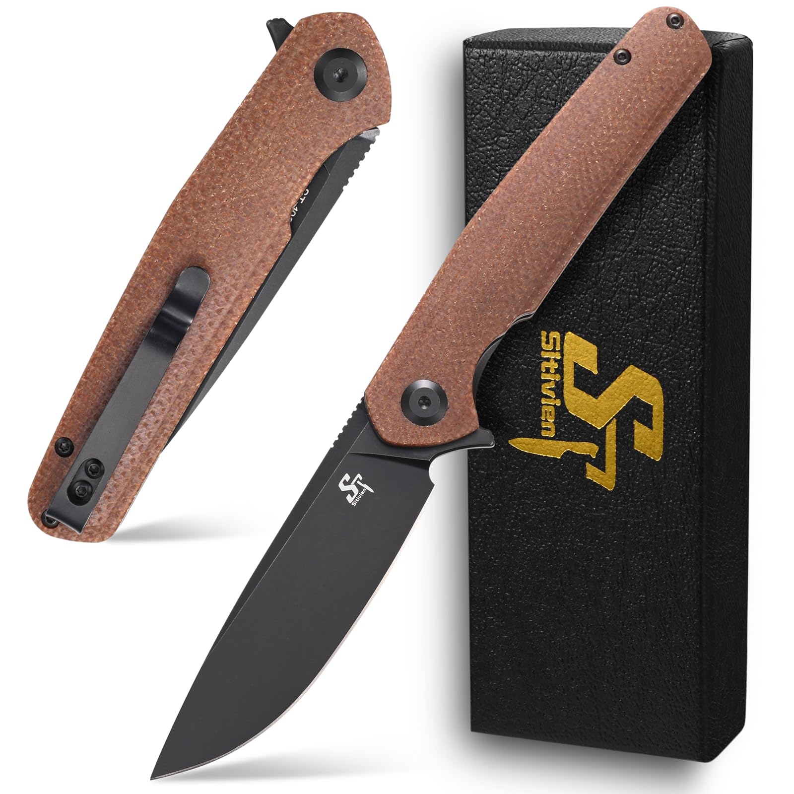 Sitivien ST102 Folding Knife, D2 Steel Blade+Micarta Handle EDC Tool ...