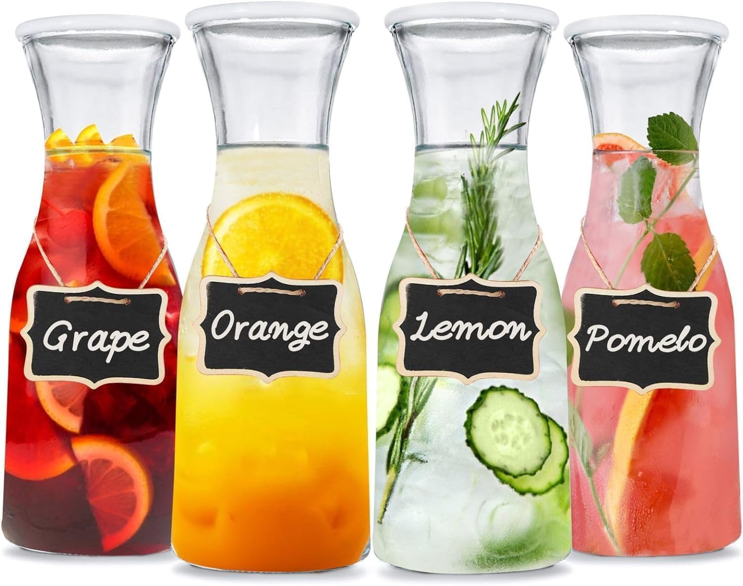 Set of 4 Glass Carafe Pitcher with Lid, Water Pitcher Set for Mimosa ...