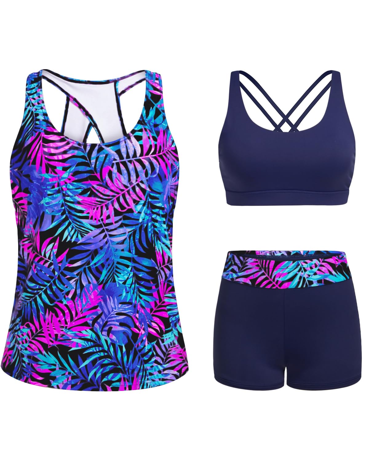 Tempt Me Blue Purple Leaves 3 Piece Tankini Swimsuits for Women ...