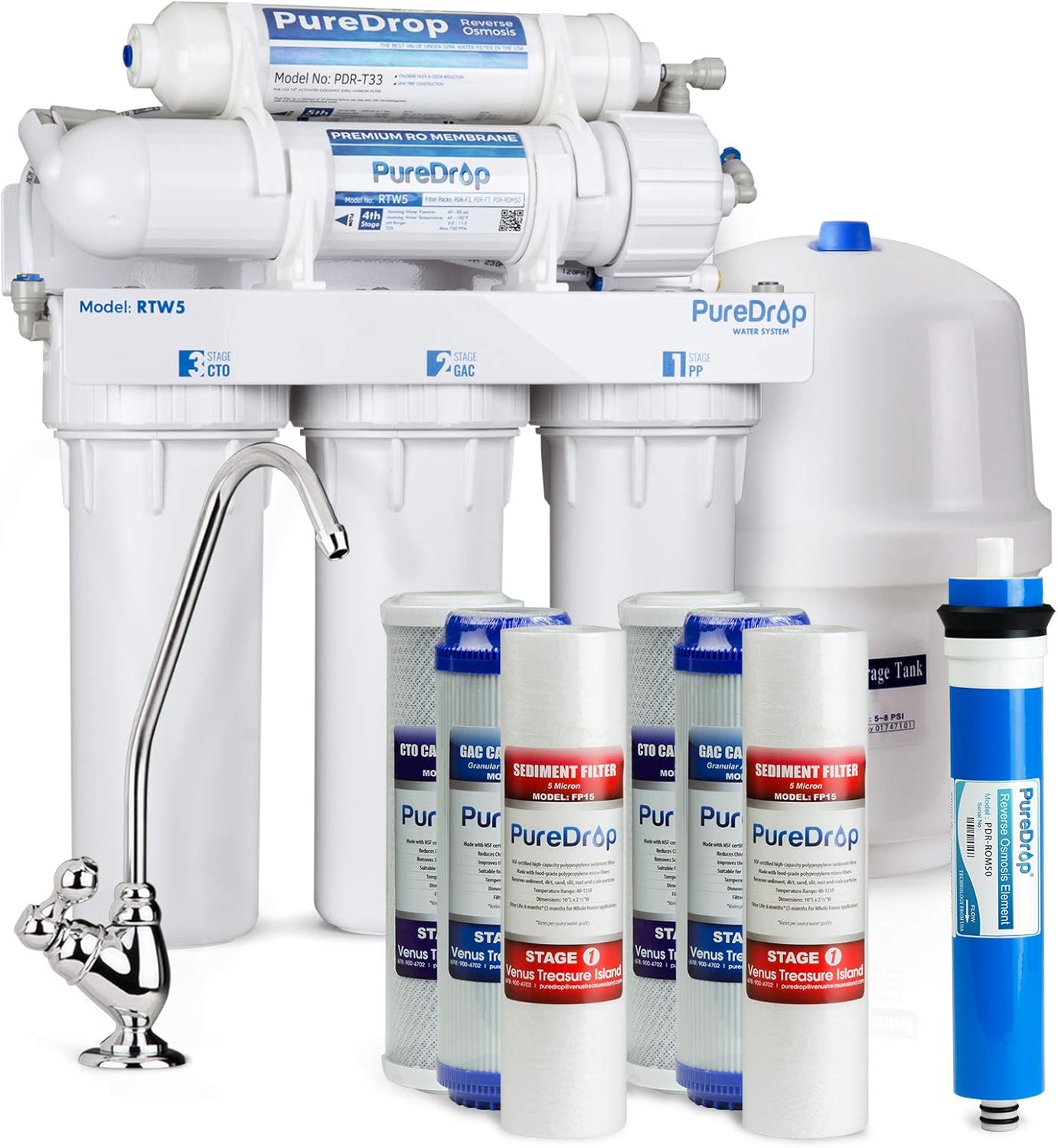 PureDrop RTW5 Under Sink 5 Stage Reverse Osmosis Drinking Water ...