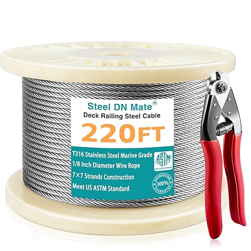 Steel DN Mate 220FT 1/8" T316 Stainless Steel Cable for Deck Cable Railing System, 7x7 Strands ...