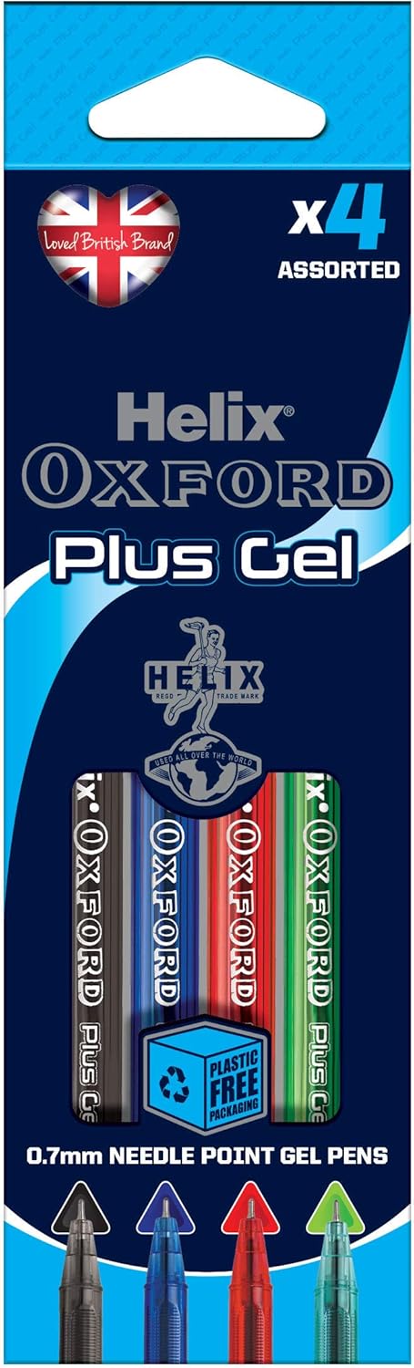 Helix Oxford Plus Gel Pens (x4 Pack Assorted Colours) with Plastic Free ...