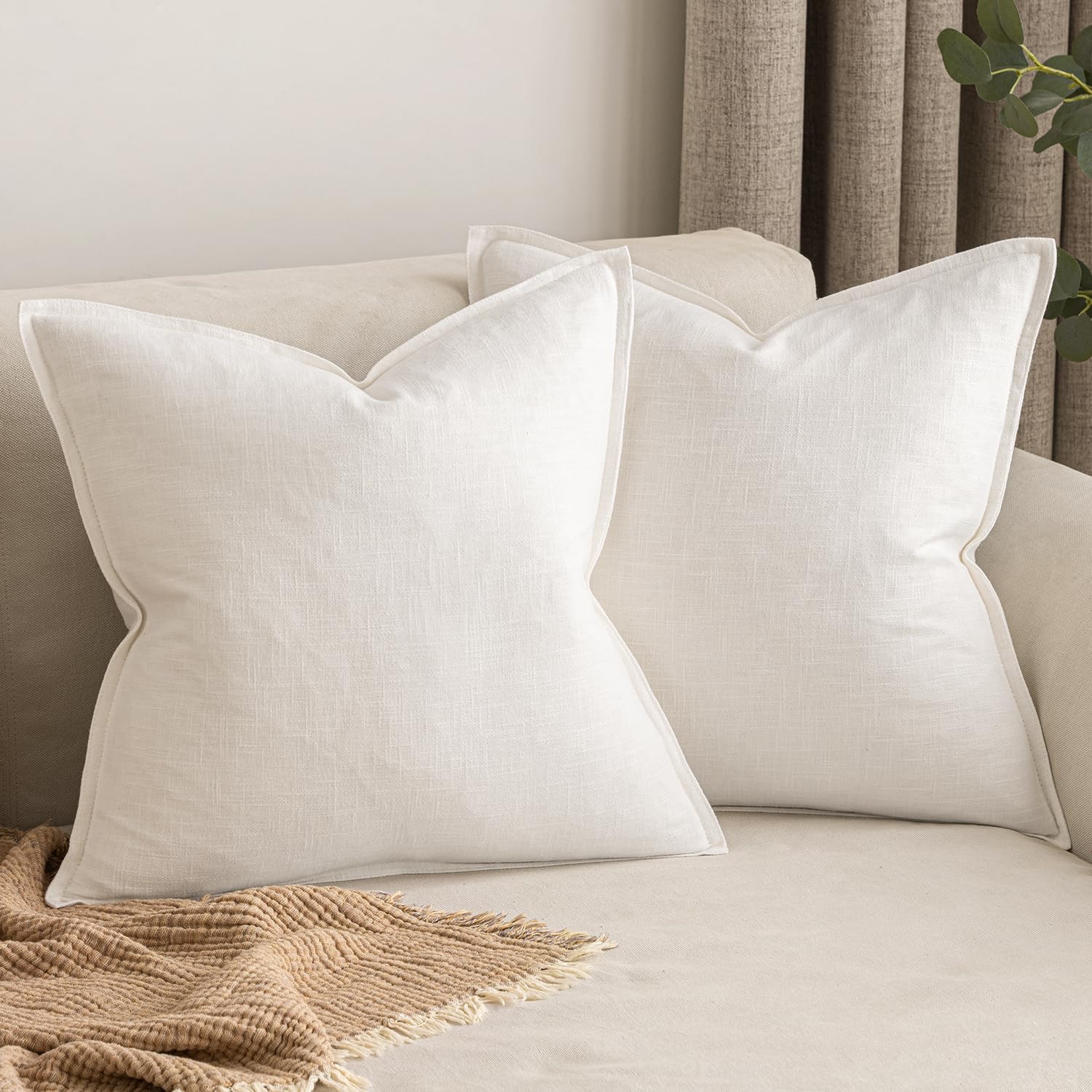 MIULEE Pack of 2 Linen Pillow Covers 20x20 Inch Cream White Farmhouse ...