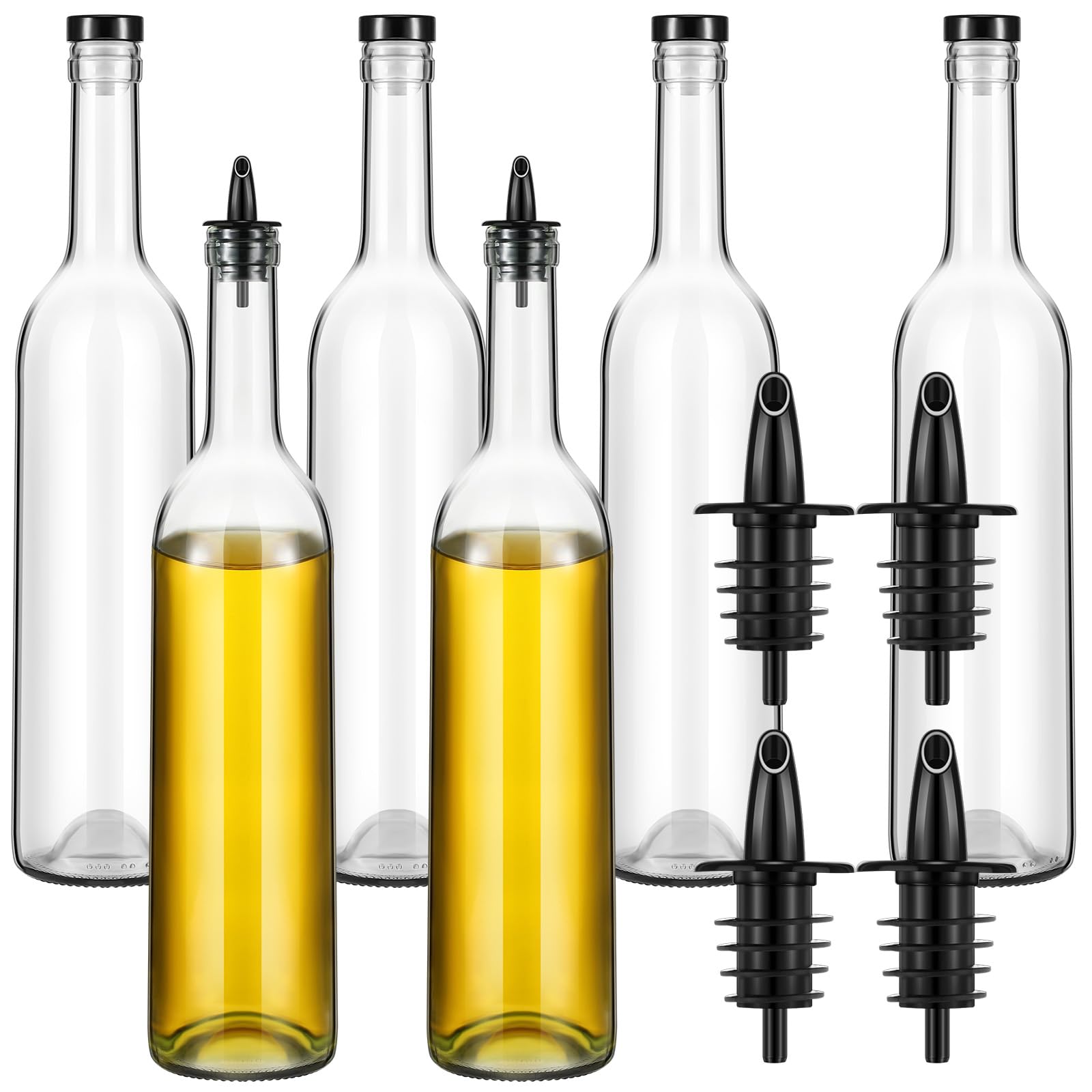 Baderke 6 Pack Glass Long Neck Bottles with Pourer and Caps Clear Glass ...