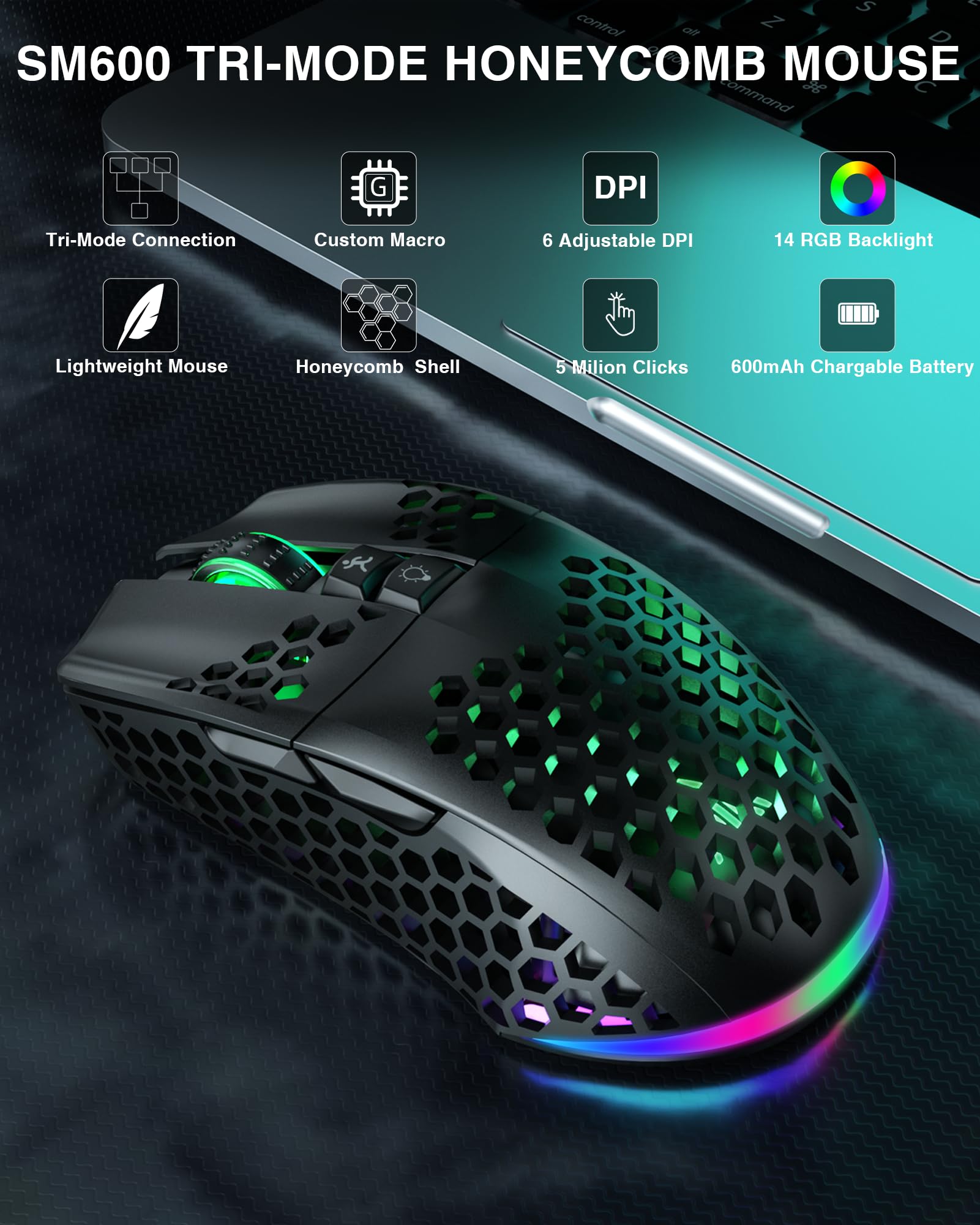 Mua SM600 Honeycomb Shell Gaming Mouse Wireless,8000 DPI Tri-Modes BT5 ...