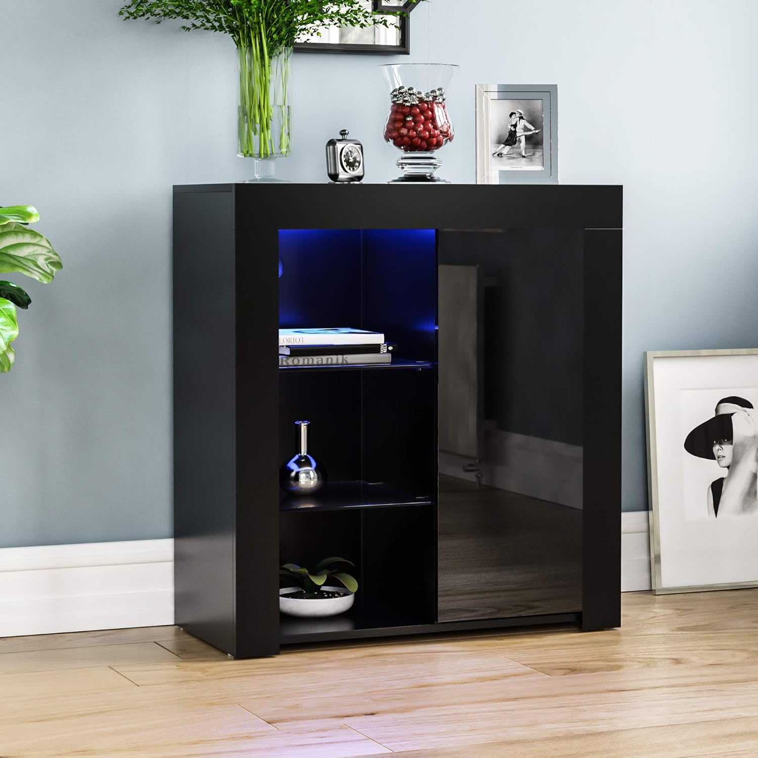 Vida Designs Azura 1 Door Modern LED Sideboard in Black, RGB Lights ...