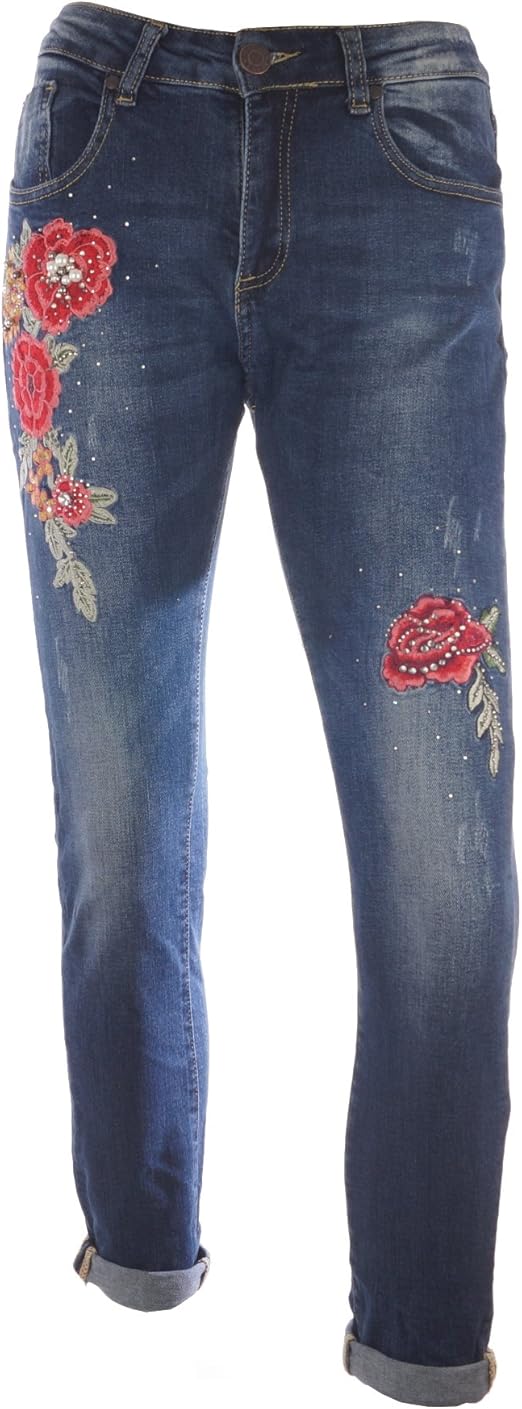 Mozzaar Damen Jeans mit Stickerei Strass Perlen und Blumenmuster Denim ...