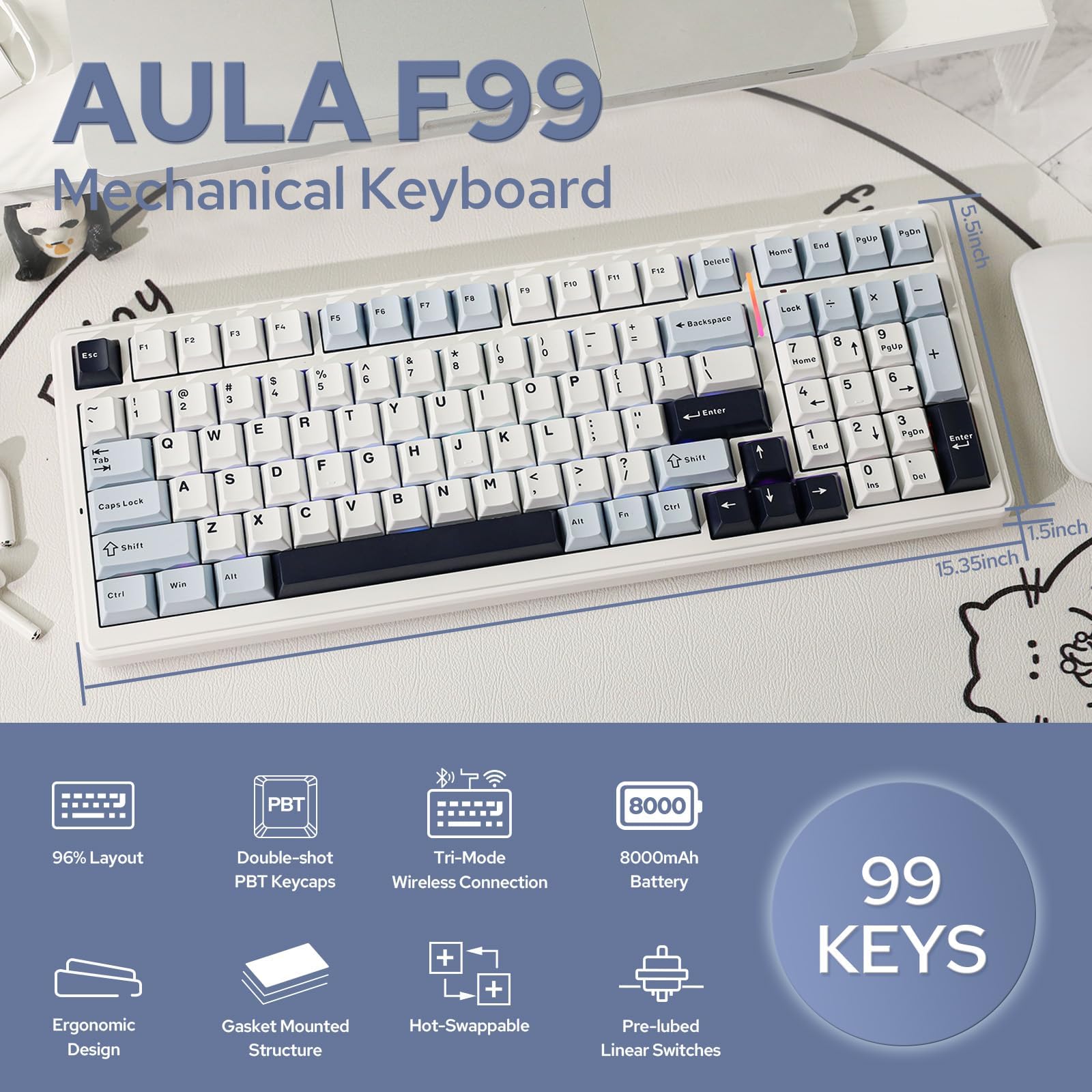 Mua x Aula F99 Wireless Mechanical Keyboard, Hot Swappable Gasket ...