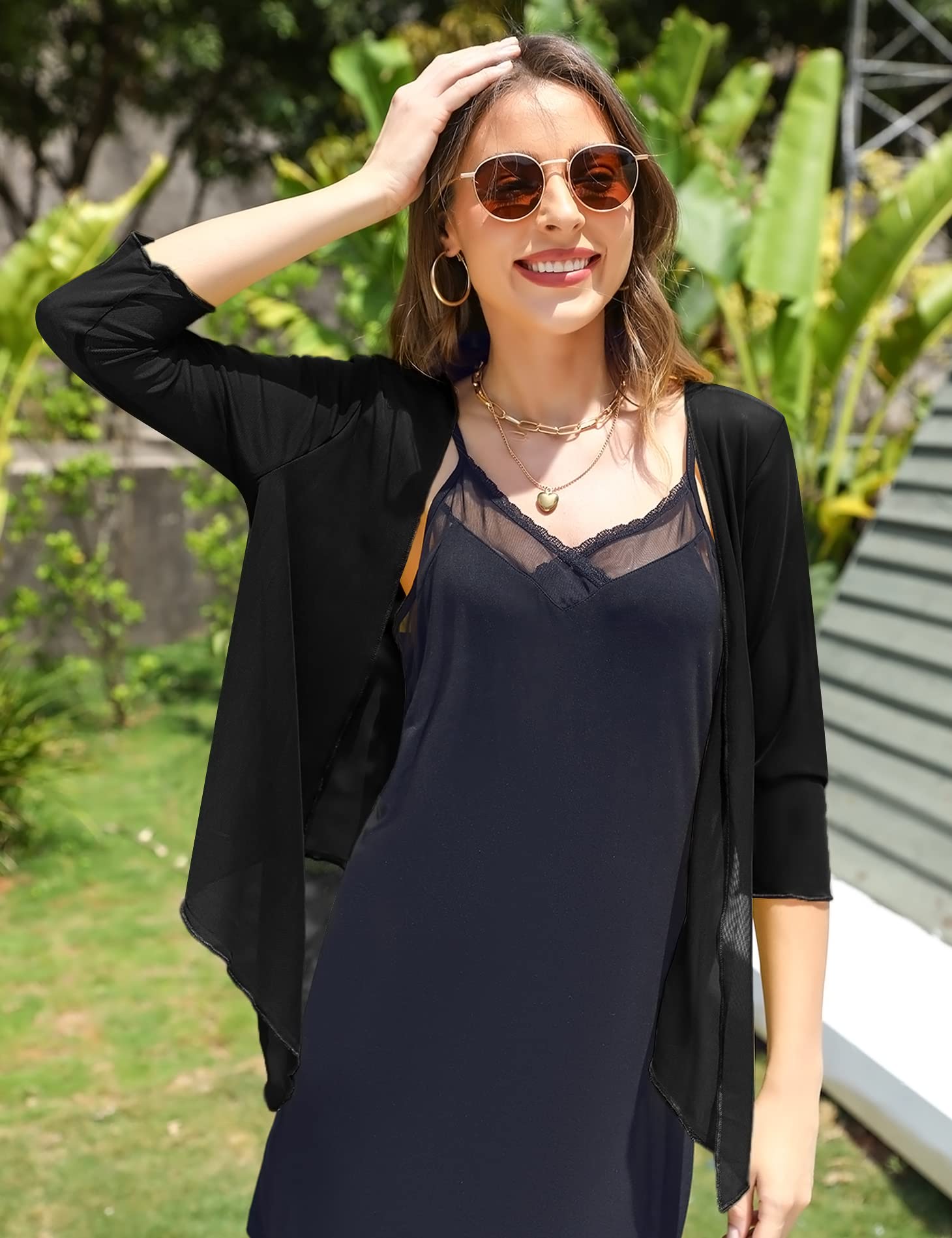 Aiboria Womens 3/4 Sleeve Sheer Mesh Shrug Tie Front Cropped Bolero ...