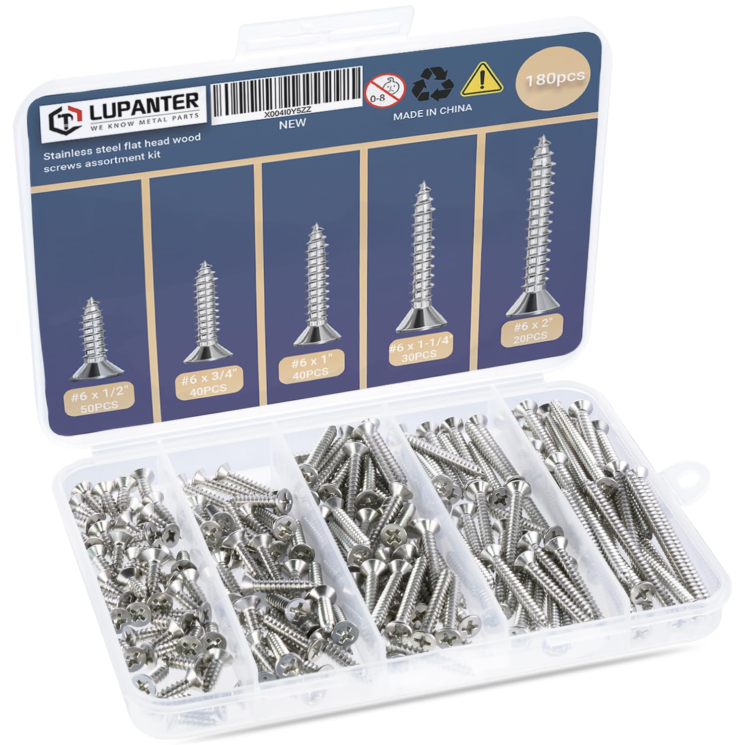 Wood Screws Assortment Kit, 180 PCS Stainless Steel Flat Head Wood ...