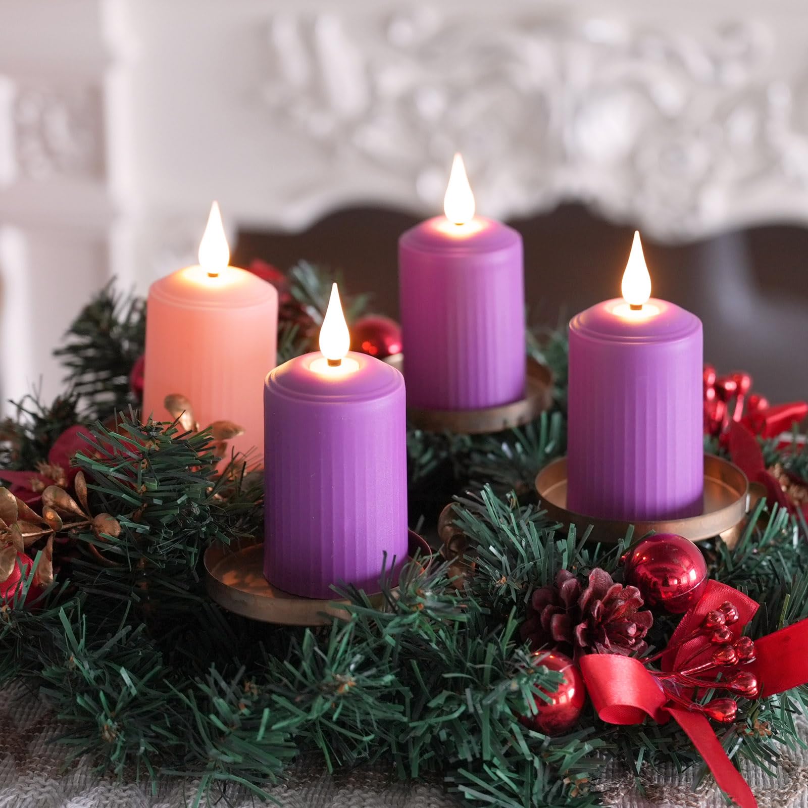 FPOO Battery Operated Advent Candles Purple and Pink Flameless Pillar ...
