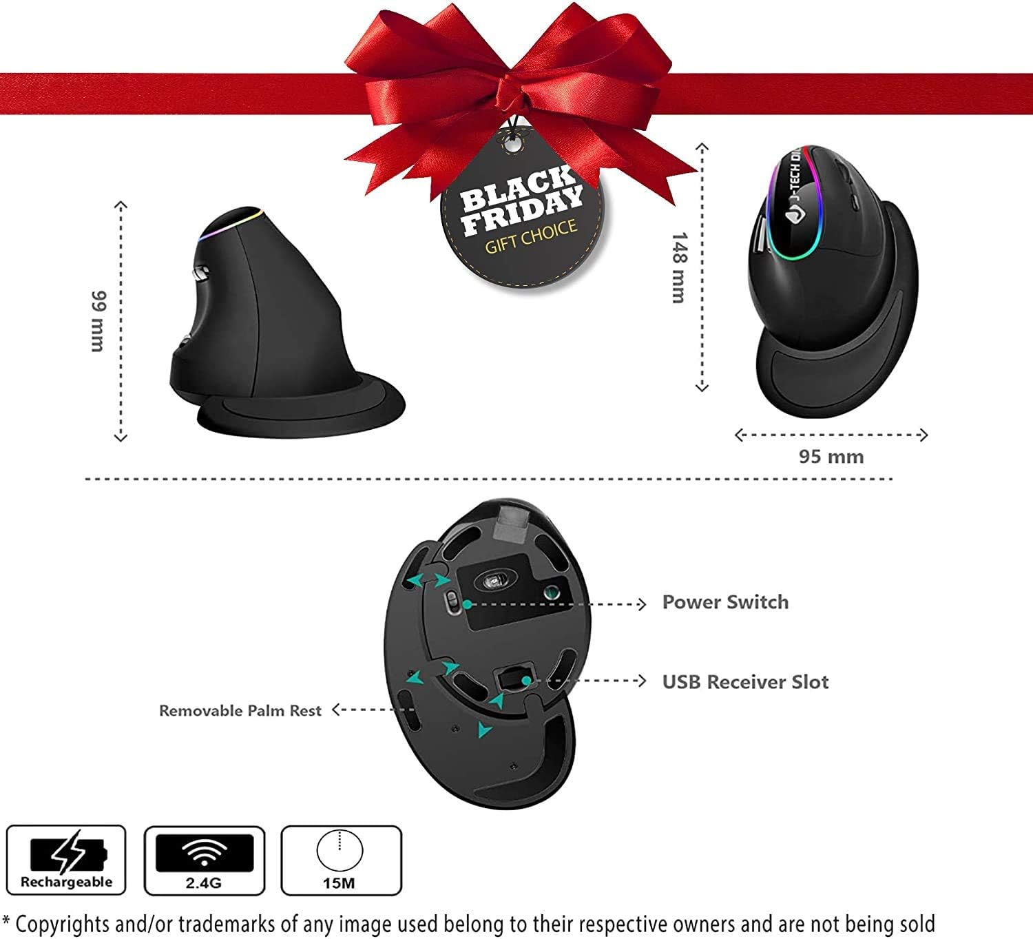 JTD Wireless Vertical Mouse, Rechargeable Ergonomic Optical Mouse 800 ...