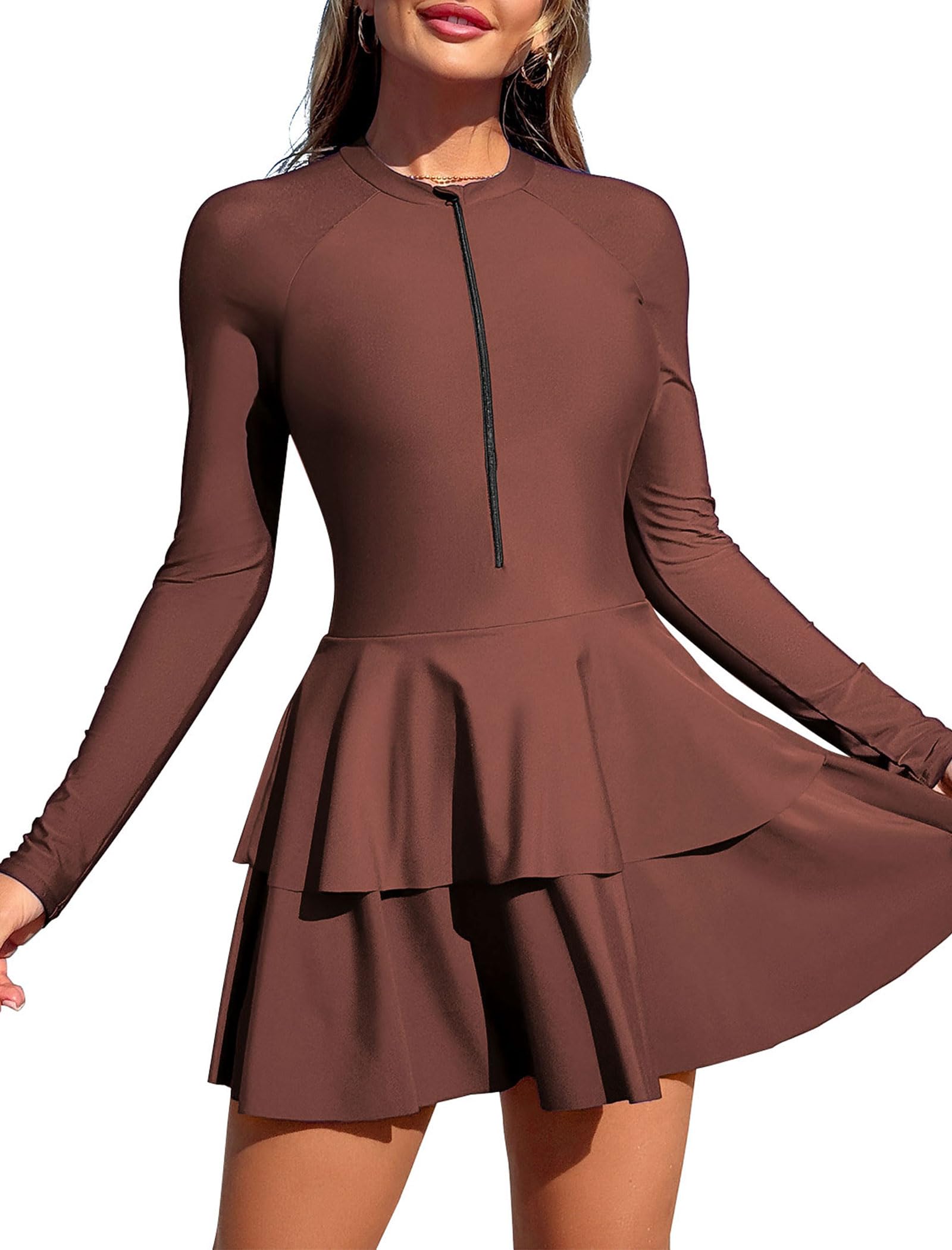 ZAFUL Women's One Piece Rash Guard Long Sleeve Modest Swimsuits Dress ...
