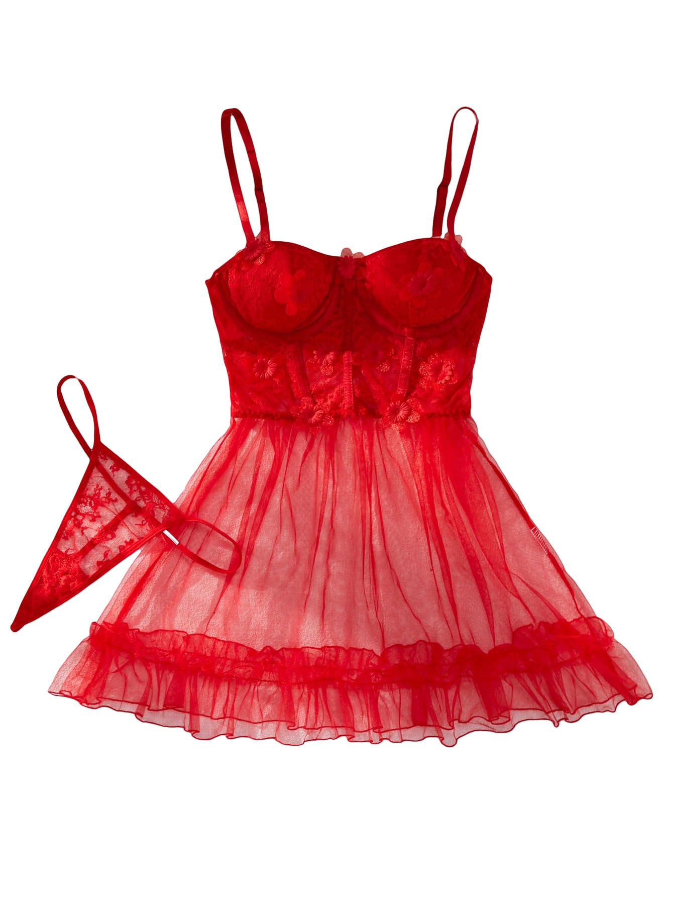 RoseSeek Women's Lace Underwire See Through Lingerie Babydoll Dress ...