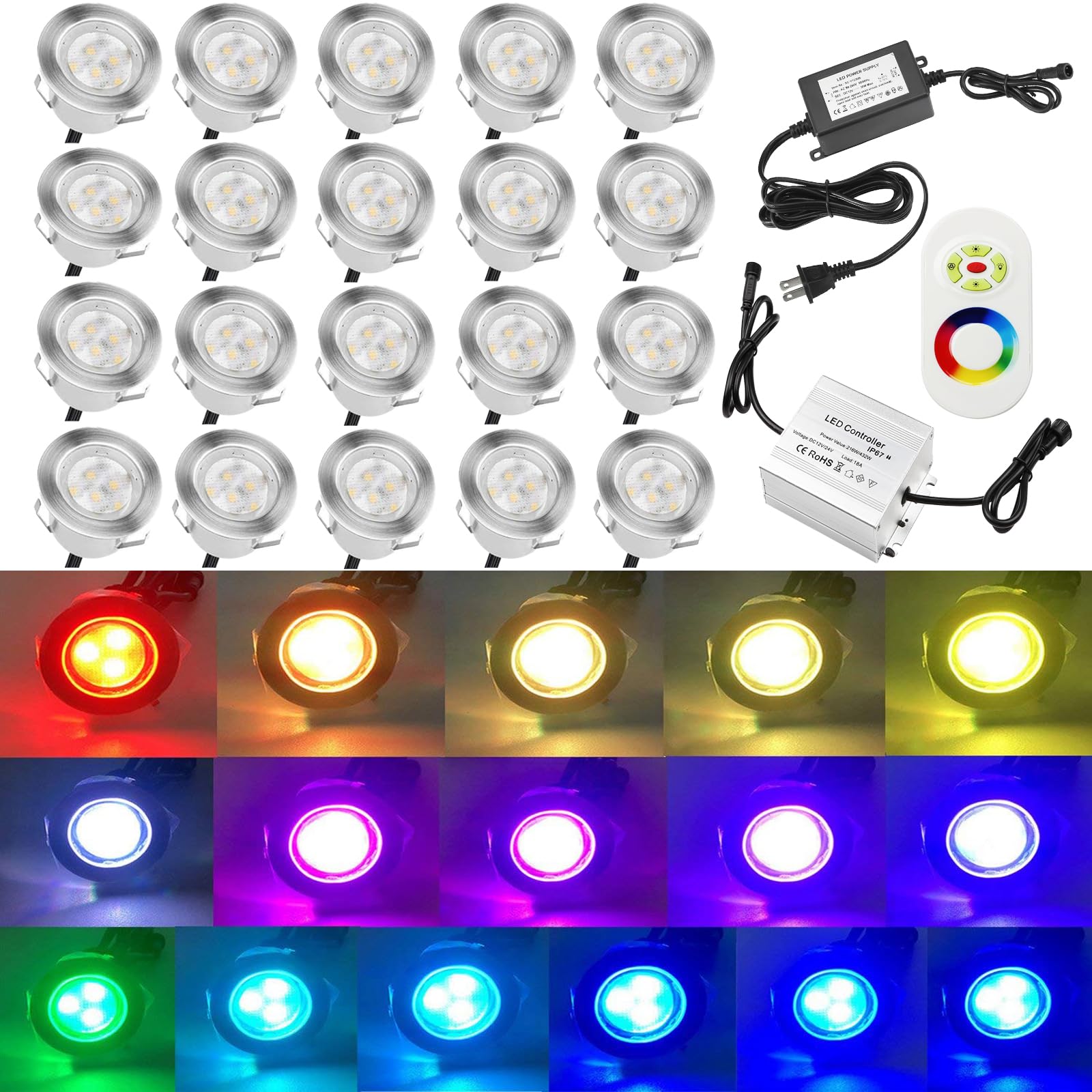QACA 20pcs Low Voltage LED Deck Lights Kits Multi-Color RGB Stainless ...