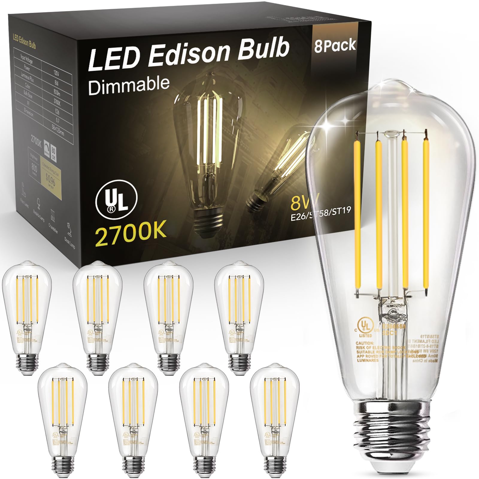 TJOY Edison Light Bulbs 60W Equivalent, Dimmable Vintage LED Light ...
