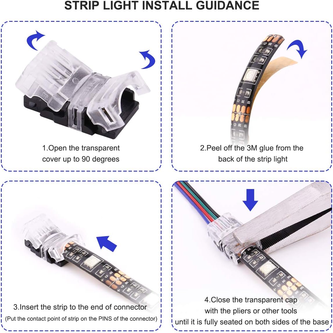 5050 4Pin RGB LED Strip Connector Kit – Includes 10x T Shape Connectors, 10x LED Strip Jumper ...