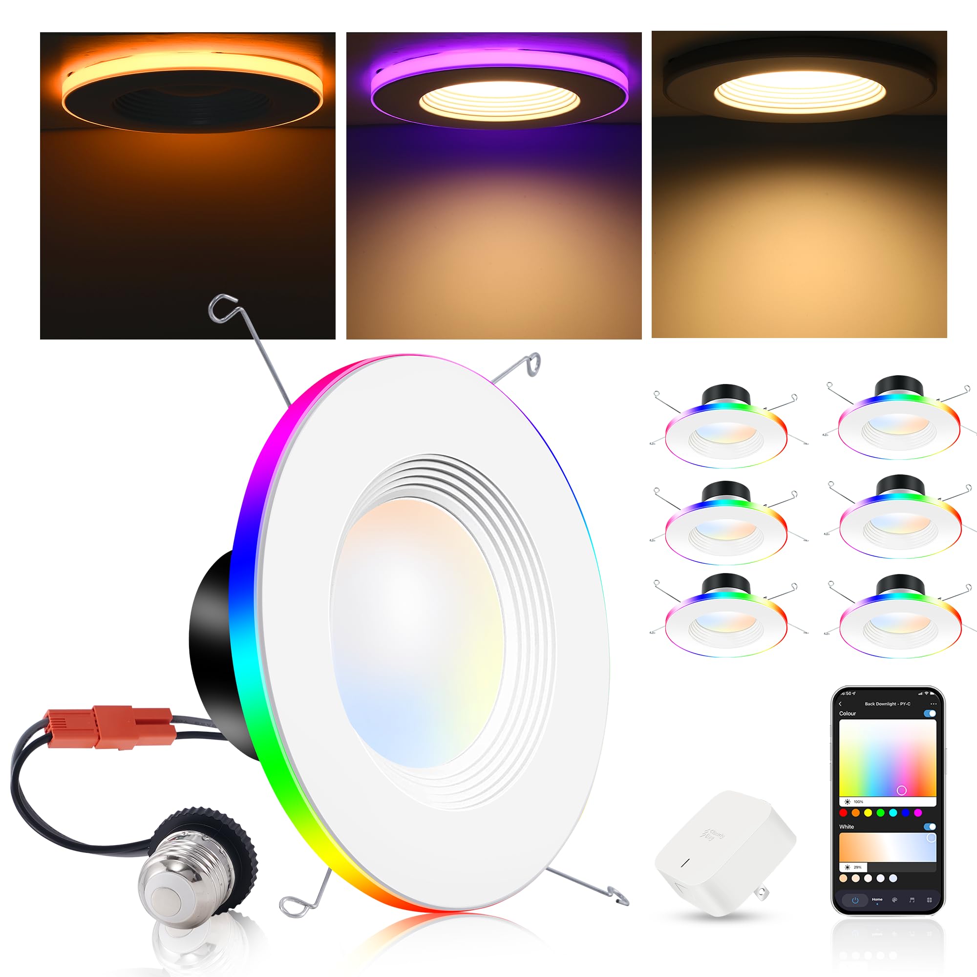 CLOUDY BAY [6 Pack] 6 Inch Smart LED Can Lights with RGB Back Light,15W 2700K-6500K Color ...
