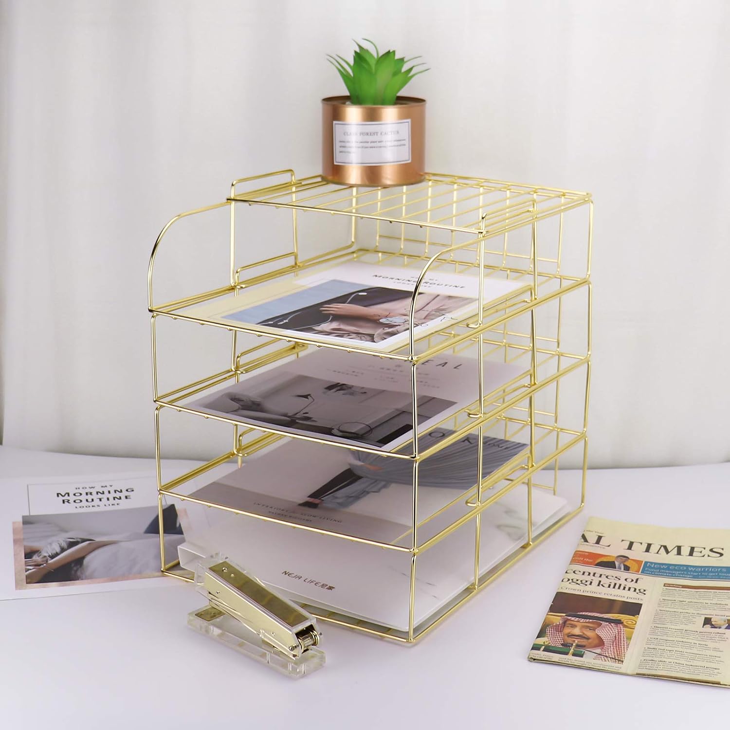 MORIGEM Gold Desk Organiser, Stackable Paper Holder Rack Set of 4 ...
