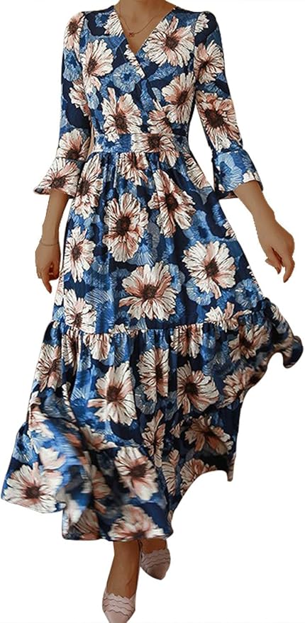 Damen Sommerkleider Langarm V-Ausschnitt Drucken Blumenmuster Midi ...