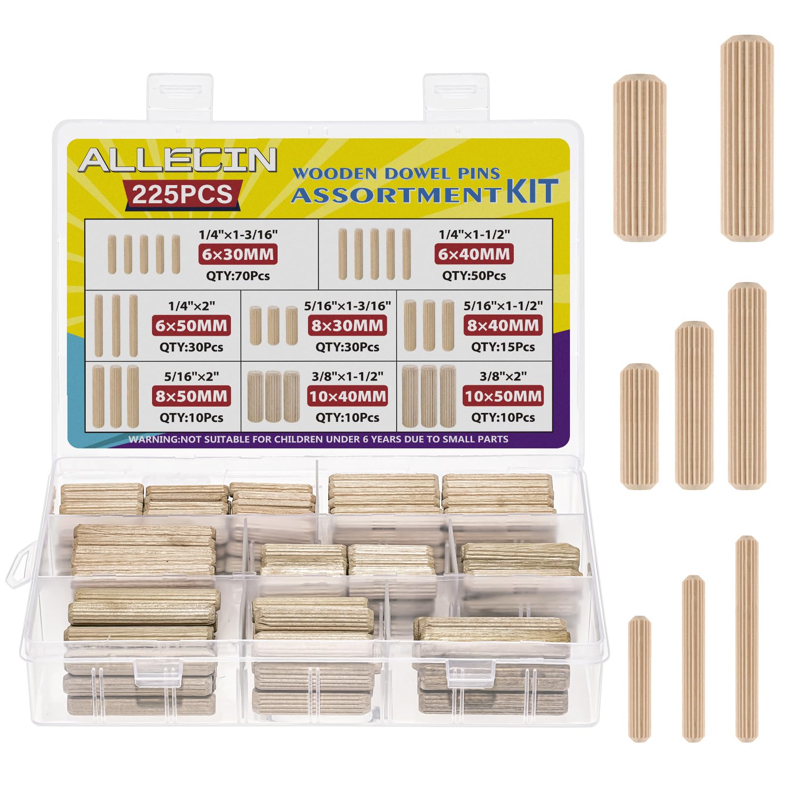 ALLECIN 8 Values Wood Dowels Kit 1/4 3/8 5/16 Inch Fluted Wooden Dowel ...
