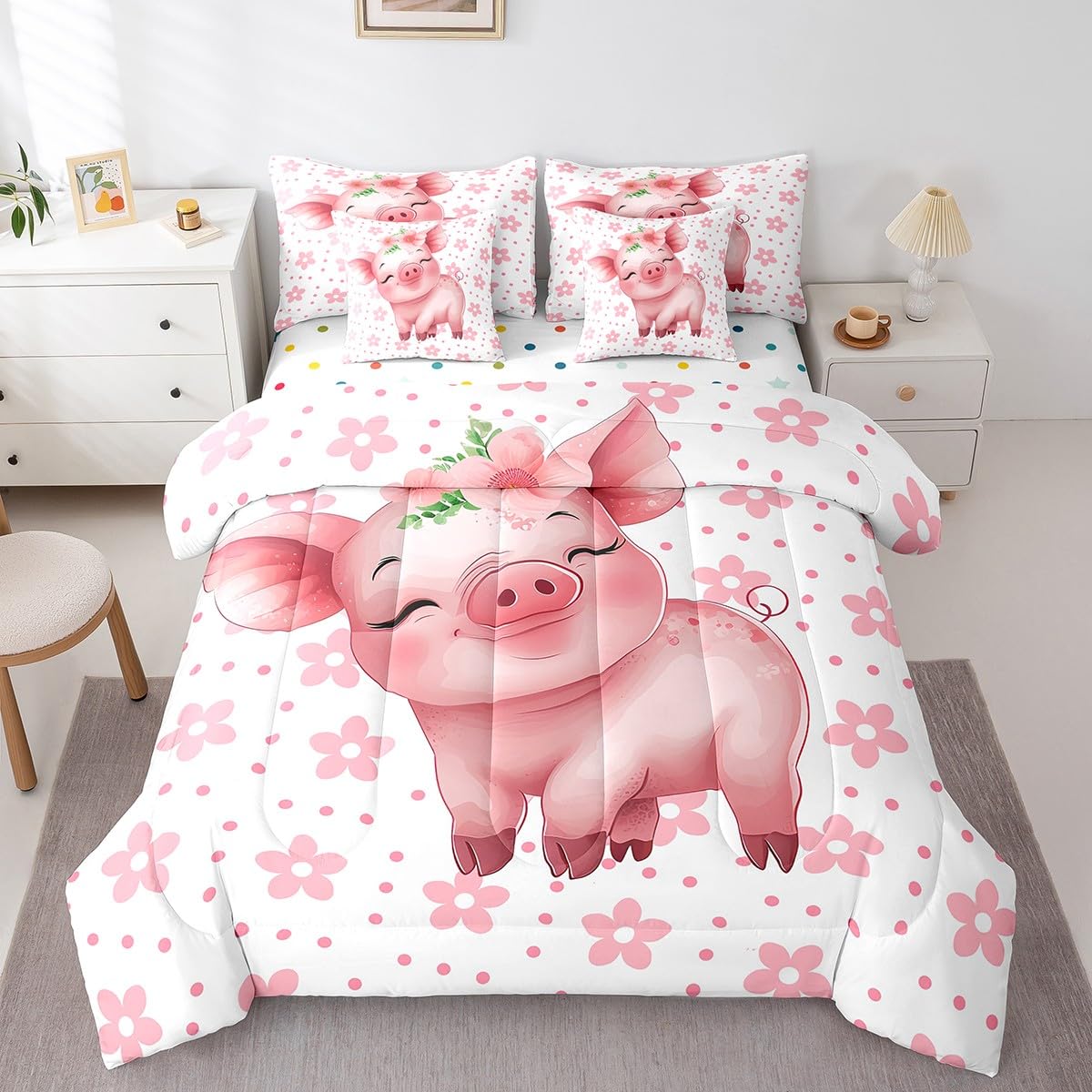 Erosebridal Cartoon Pig Full Comforter Set 7-Piece Pink Flower Floral ...