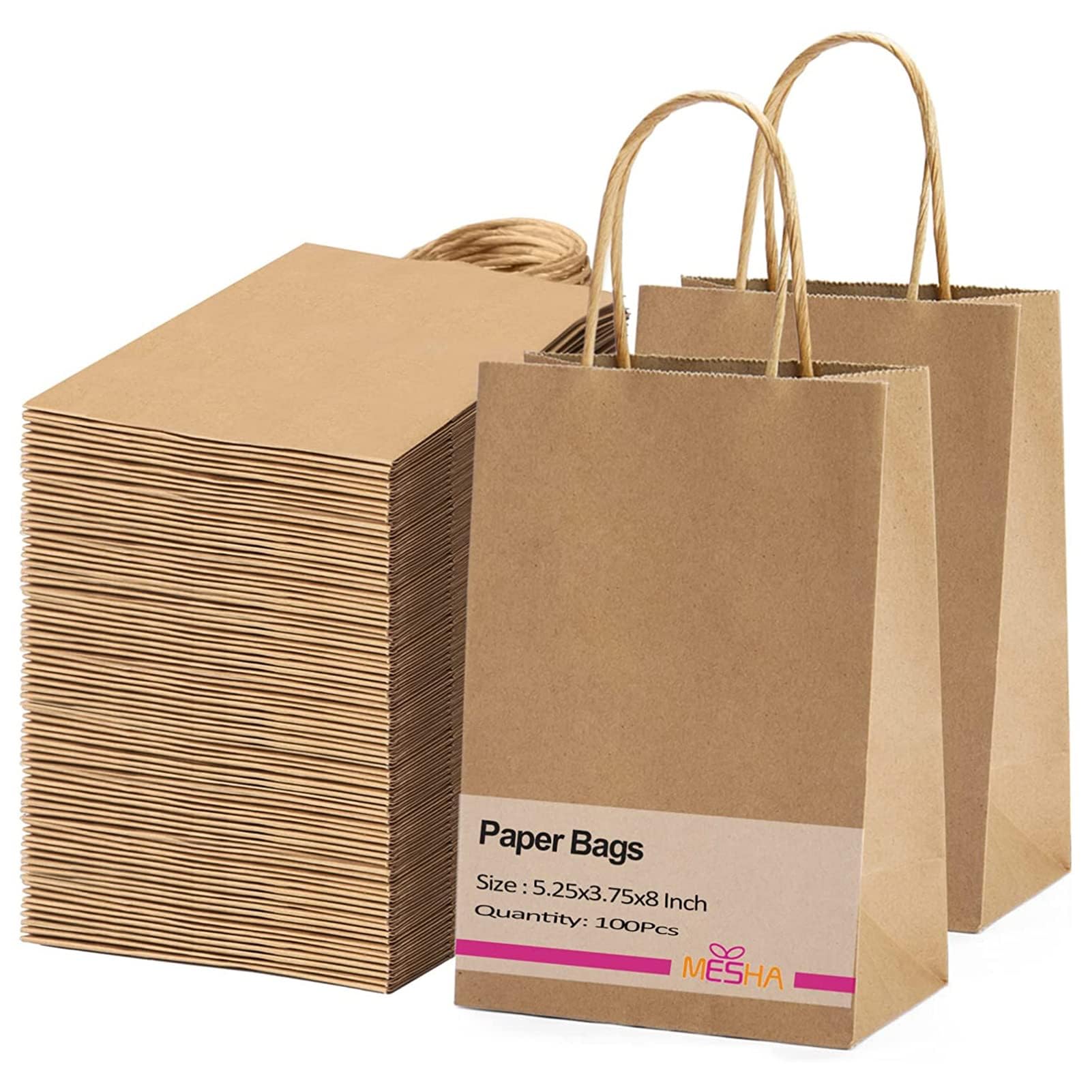 MESHA Kraft Paper Bags 5.25x3.75x8 Brown Small Gift Bags with Handles ...