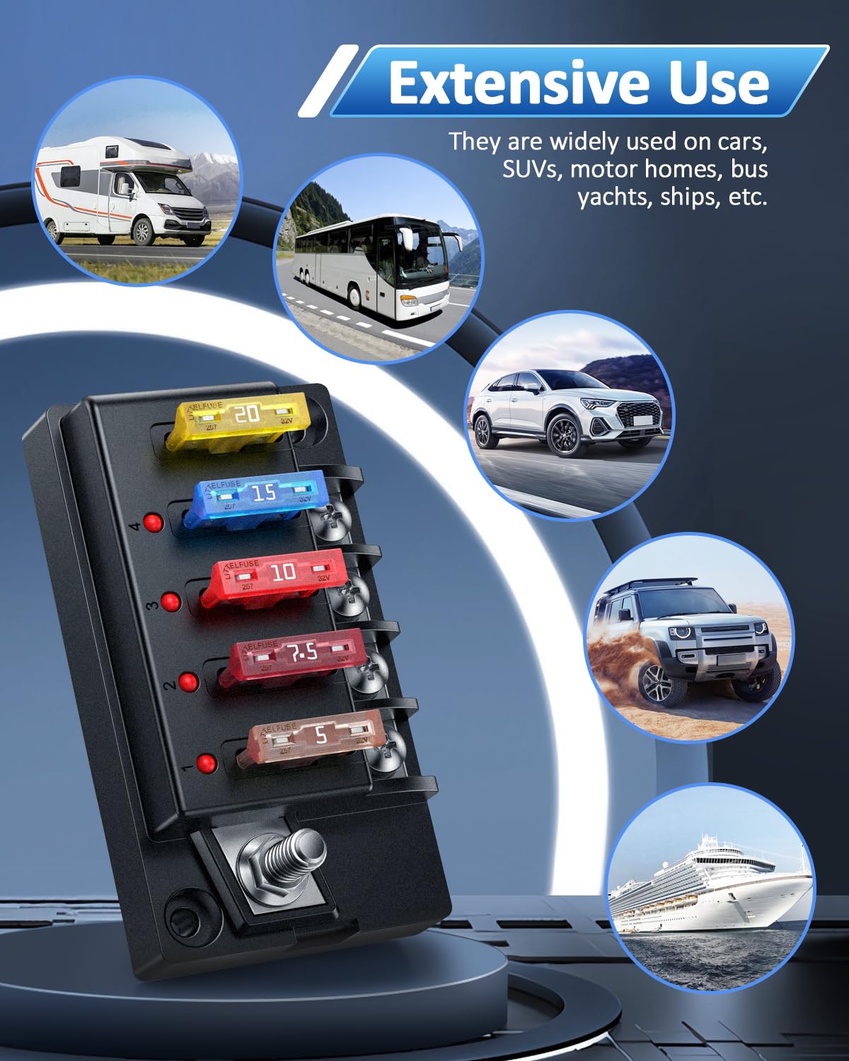 EXTRACTME 12V Fuse Block, 4 Circuit 12 Volt Blade Fuse Box Kit With LED ...