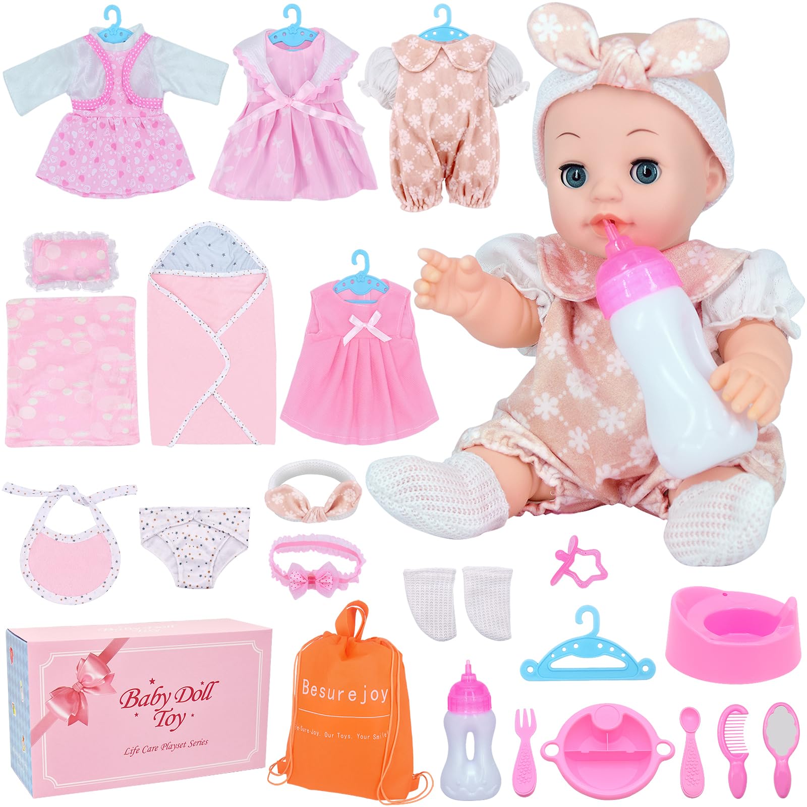 Besurejoy 12'' Baby Doll Playset with 4 Outfits,Clothes Hanger,Swaddle ...