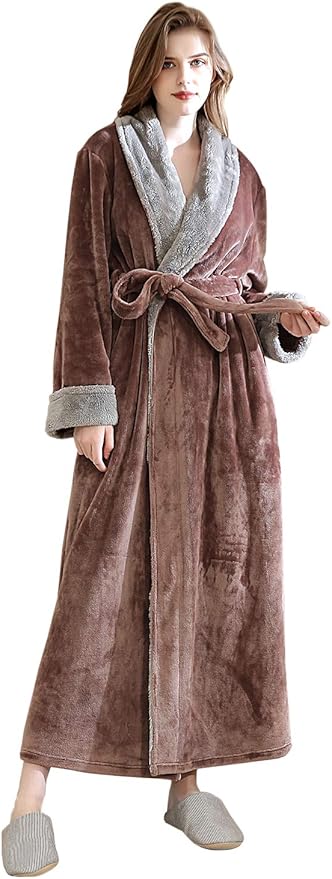 Women's Plush Fleece Robe Long Lounge Bathrobe Warm Soild Full Length ...