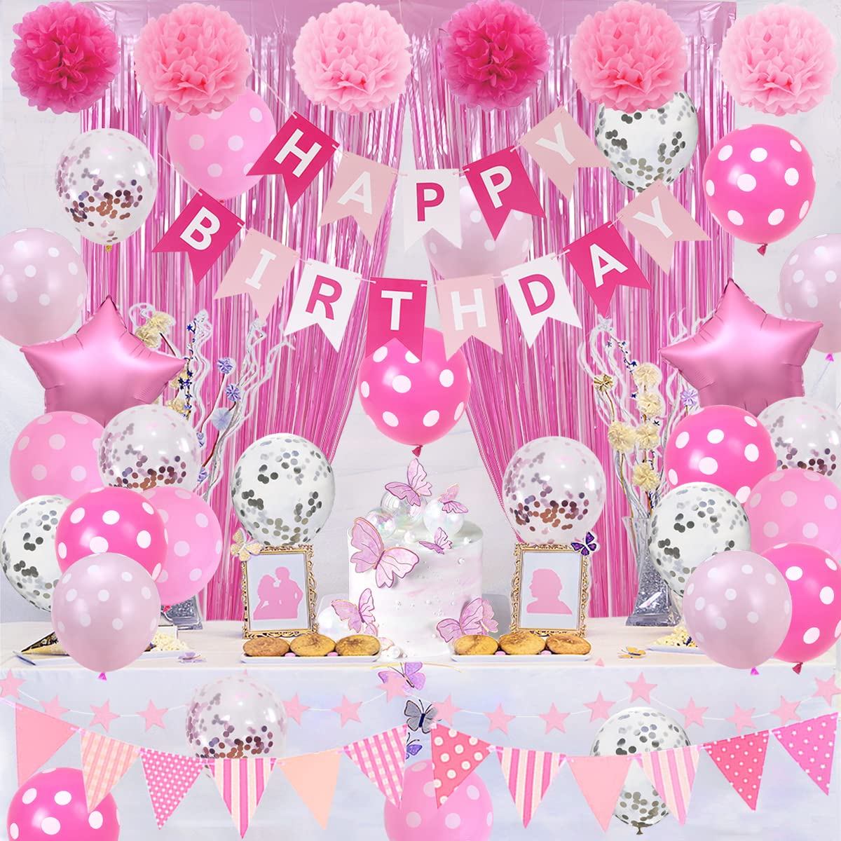 Pink Birthday Party Decorations, Light Pink and White Decor with Happy ...