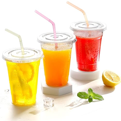 TashiBox [50 Sets 24 oz Plastic cups with flat lids, Crystal Clear ...