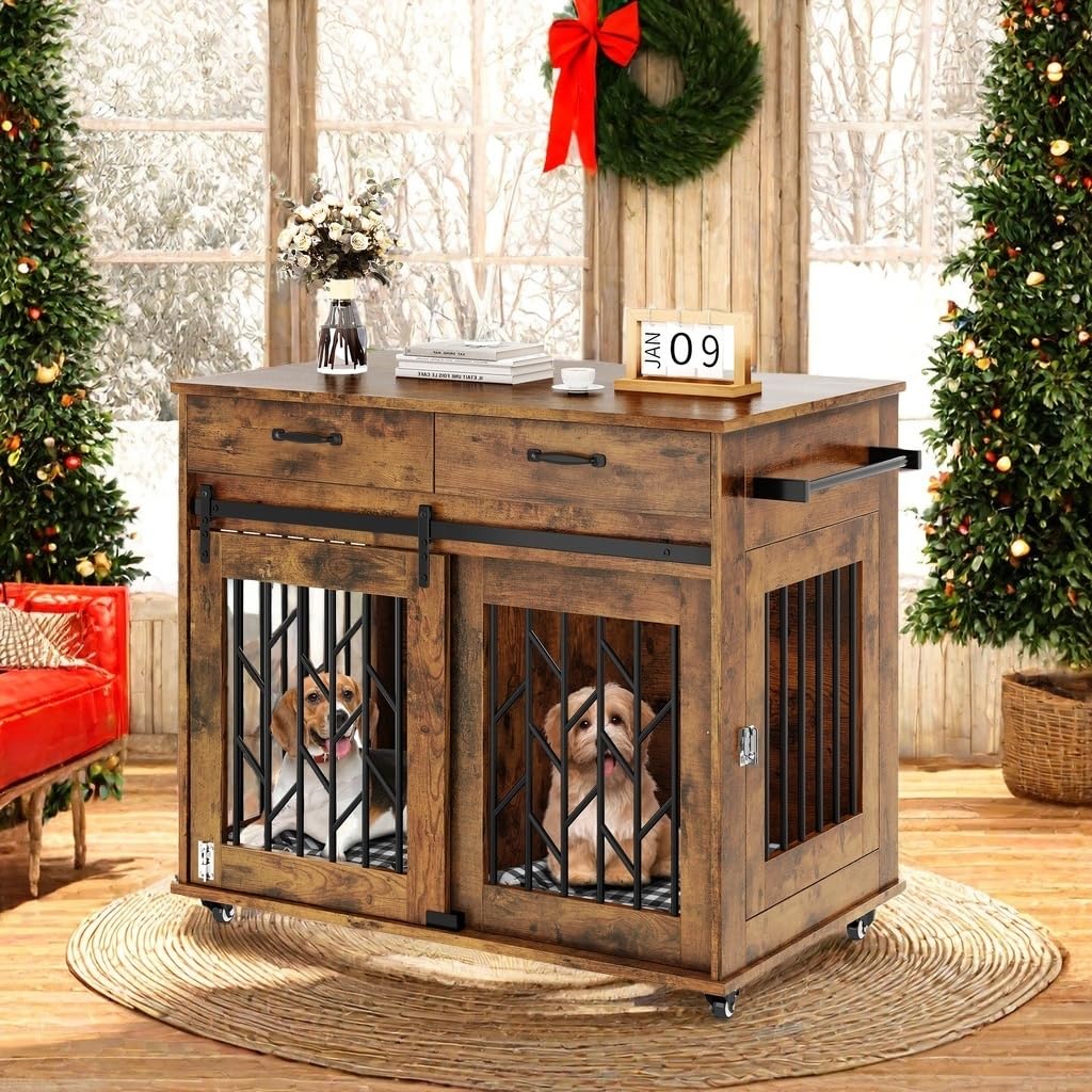 DWVO Dog Crate Furniture for 2 Dogs, 39" Wooden Dog Kennel End Table ...