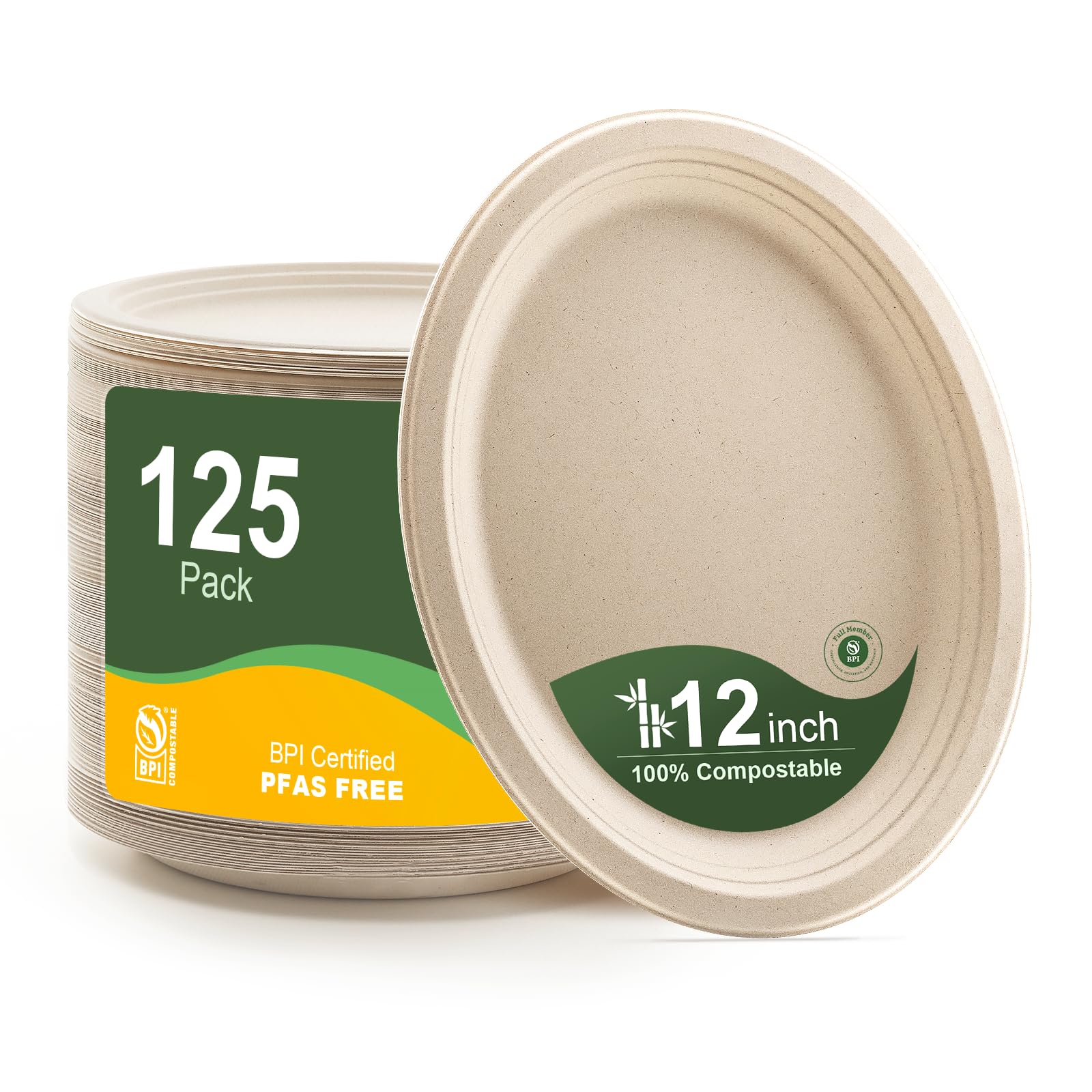 WELLIFE 100% Compostable Oval Paper Plates 12 Inch, 125-Pack Heavy Duty ...