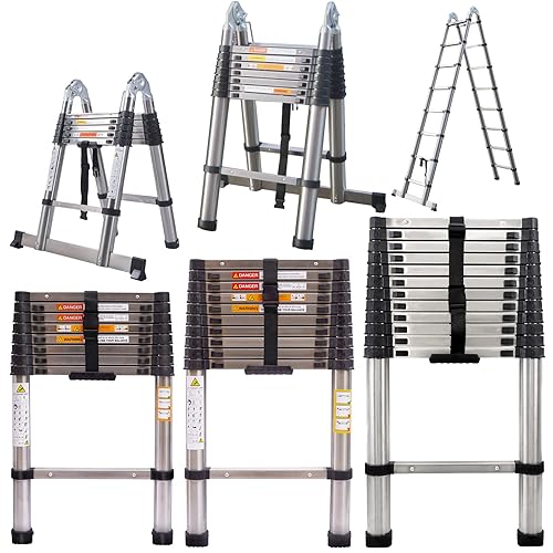 Stainless Steel A-Frame Telescoping Ladder 12.5FT, Extension Ladder ...