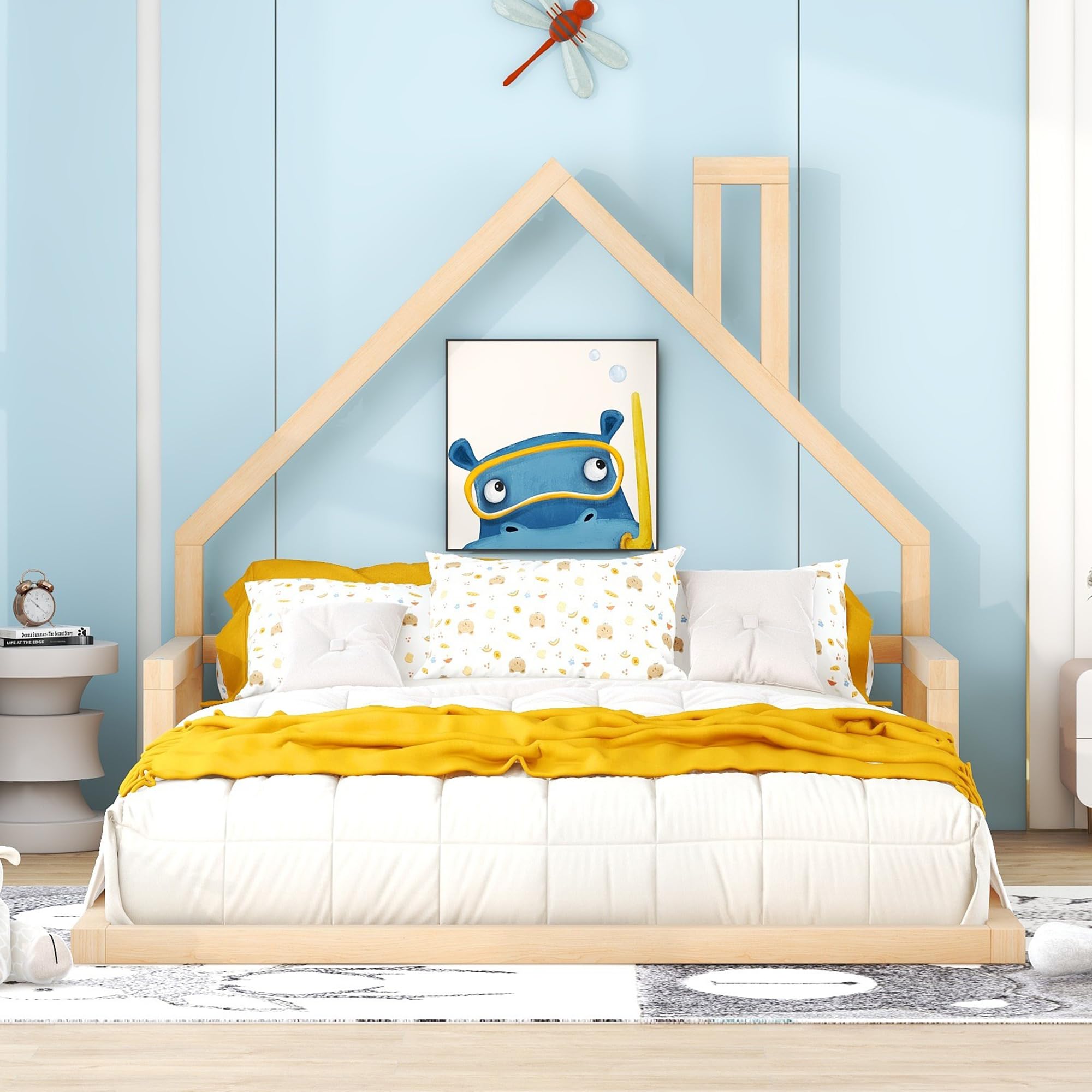 LUSPAZ Full Size Floor Bed with House-Shaped Headboard for Toddlers and ...