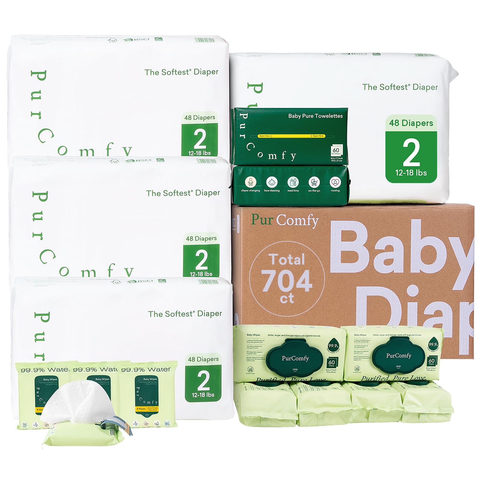 PurComfy Baby Diapers Essential Kit, 4 Pack Size 2 Diapers (192 Ct), 6 ...