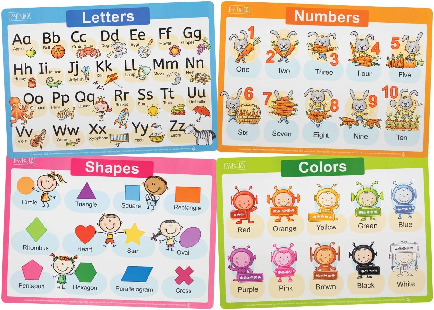 Amazon.com: Jessie&Jade Educational Placemats for Kids - Set of 4 ...