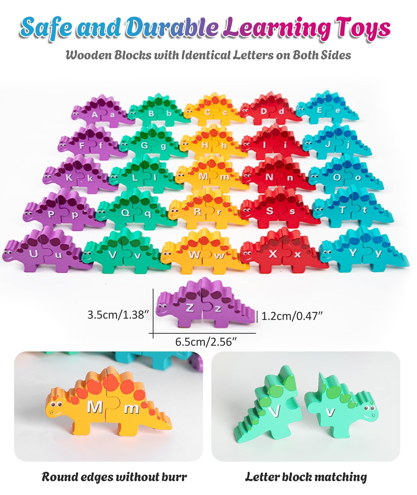 Protado Wooden Alphabet Matching Toy, 52 Pcs Double-Sided ABC Dinosaur ...