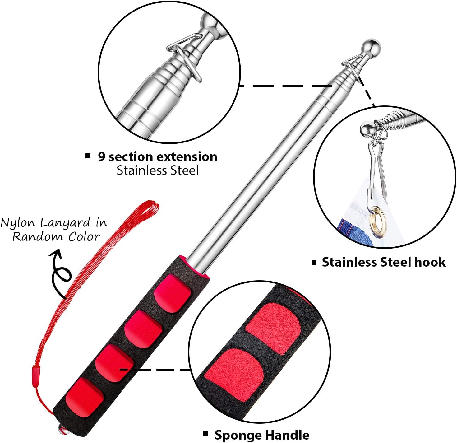 Outus 2 Pieces 2m Telescopic Flagpole Stainless Steel Handheld Flag ...